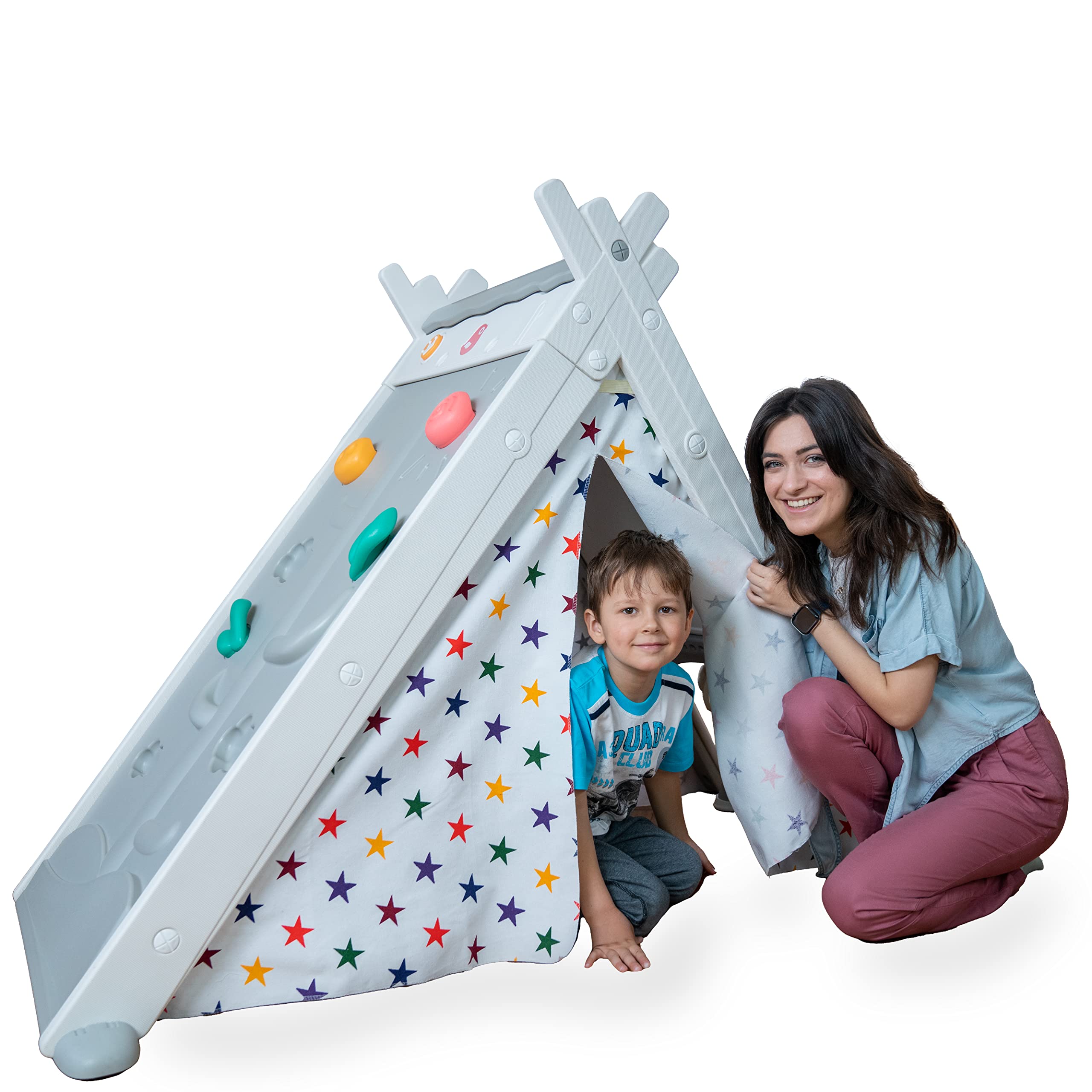 Foldable Kids Play House with Tent,4 in 1 Kids Tent Indoor Playground with Climber- Drawing Board - Tent for kids Indoor-Briks Baseplates Table - Smart Play Table -Indoor Play Tent Triangular