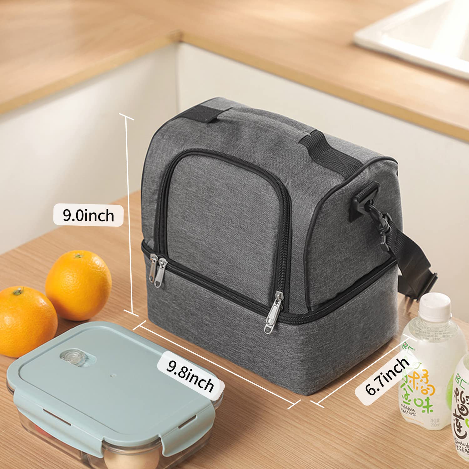 HANKLPH Double Layer Lunch Box for Women/Men, Insulated Lunch Bag Large Adults, Reusable Lunchbox Cooler Bag,Suitable for Work Picnic Hiking Beach (Grey)