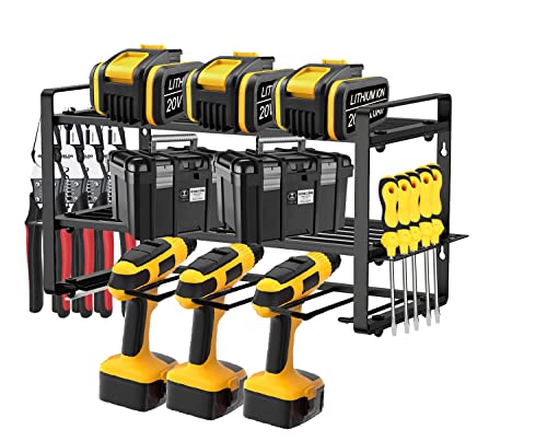 Power tool storage rack, drill rack Wall mounted, Heavy Duty Garage tools Power tool storage, utility for cordless drill in tool room garage, 3-story 120 lb limit, black(17"D x 9.45"W x 8"H Inch)