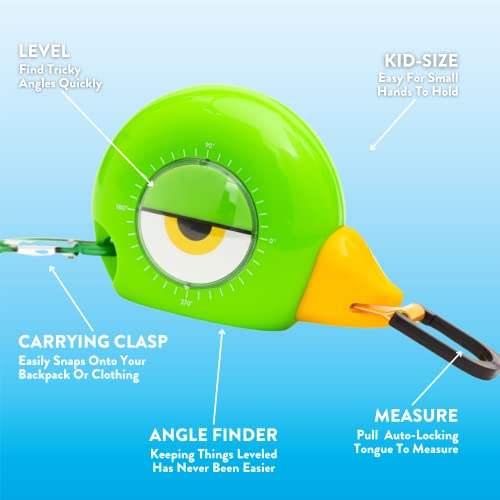 Handy Famm Kids 8 Ft Retractable Bird Measuring Tape - Level, Angle Finder, Easy Grip Latch & Durable Carrying Clasp - Cute Boys & Girls DIY STEM Learning Construction Project Measurement Tool, Green