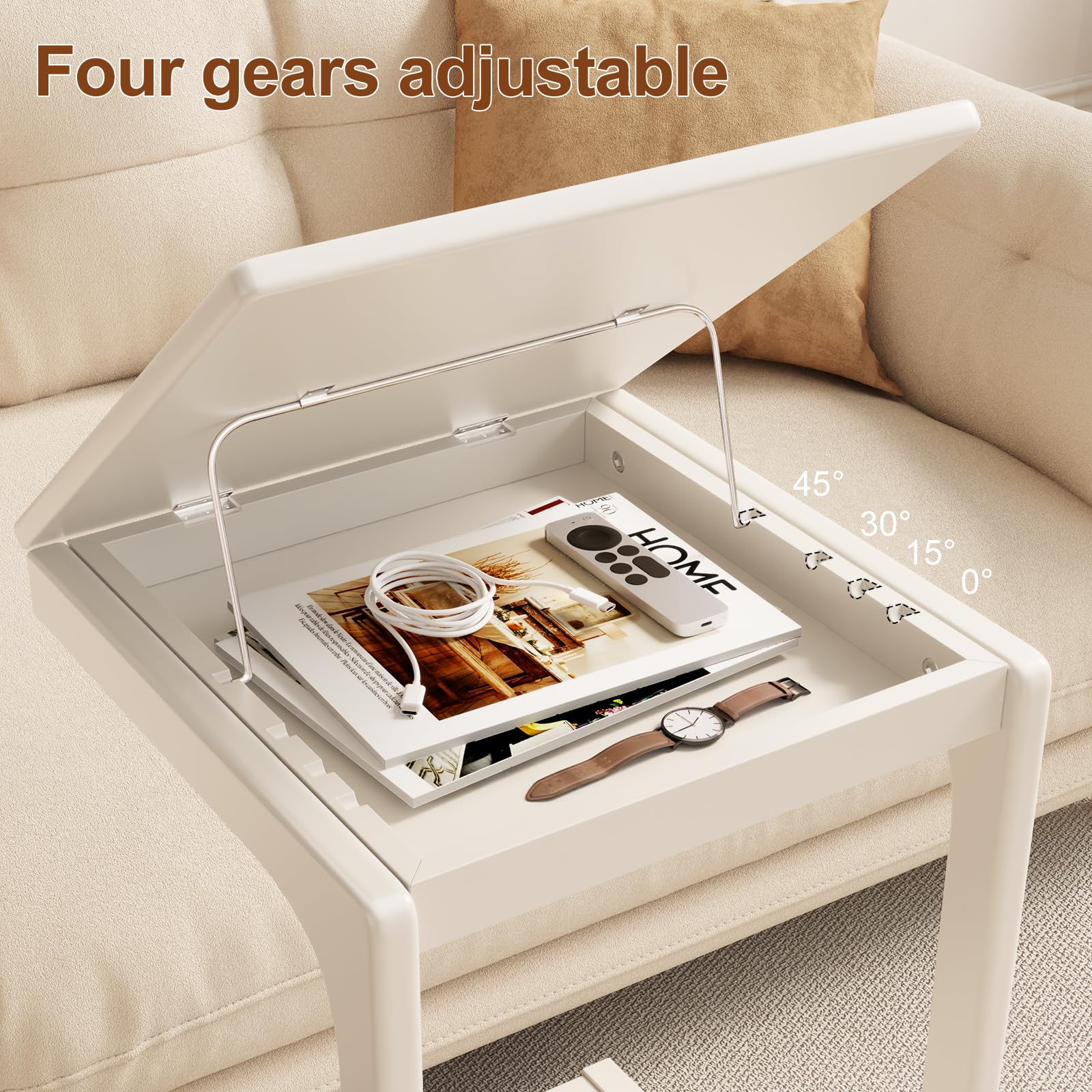 KASLANDI C Shaped End Table for Couch, C Table with Wheels, Wooden Couch Table Adjustable Desktop for Living Room,Bedroom(White)