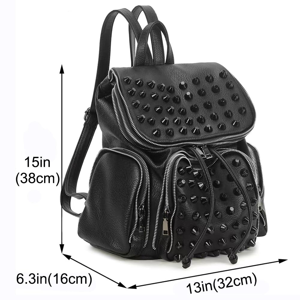 Downupdown Studded Backpacks for Women and Men Leather Flap Rivet Backpack knapsack Ladies Casual Daypack Shoulder Bag Cool Zipper Backpack with Top Handle Bucket Bag-Black