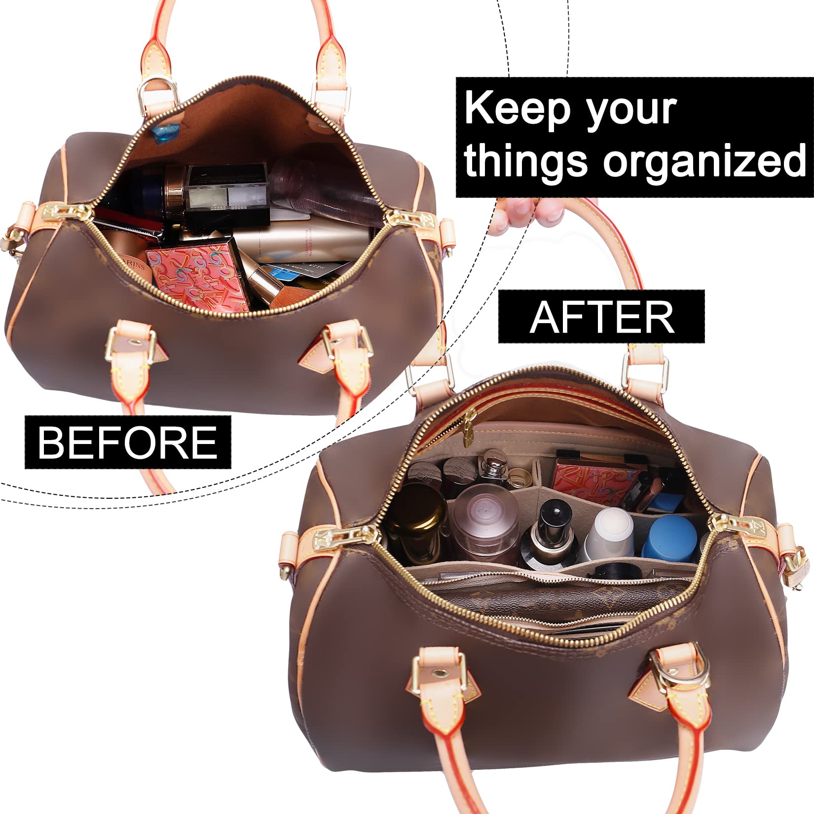 Doxo Purse Organizer Insert for Handbags & Base Shaper Combination,Tote Bag Organizer Insert with 6 Sizes,Compatible with LV, Coachs, MK, Kate Spades, Goyards, Longchamps More(M-Beige)