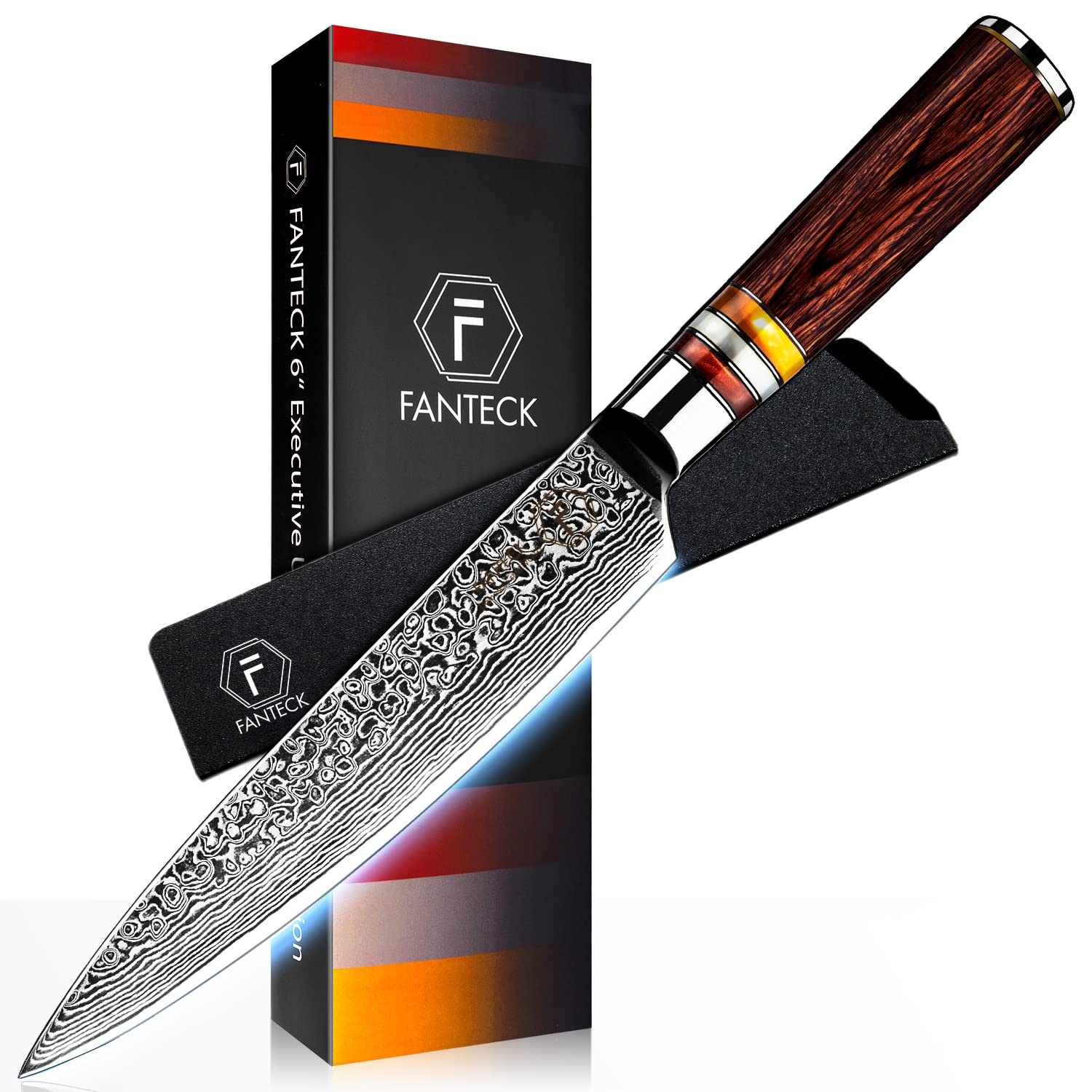 FANTECK Utility Knife 6 Inch, Japanese Damascus Kitchen Petty Knife, VG10 67 Layer Pro Razor Sharp Cutting Fruit Carving Chefās Paring Knives with Sheath& Gift box, Ergonomic Pakkawood Handle