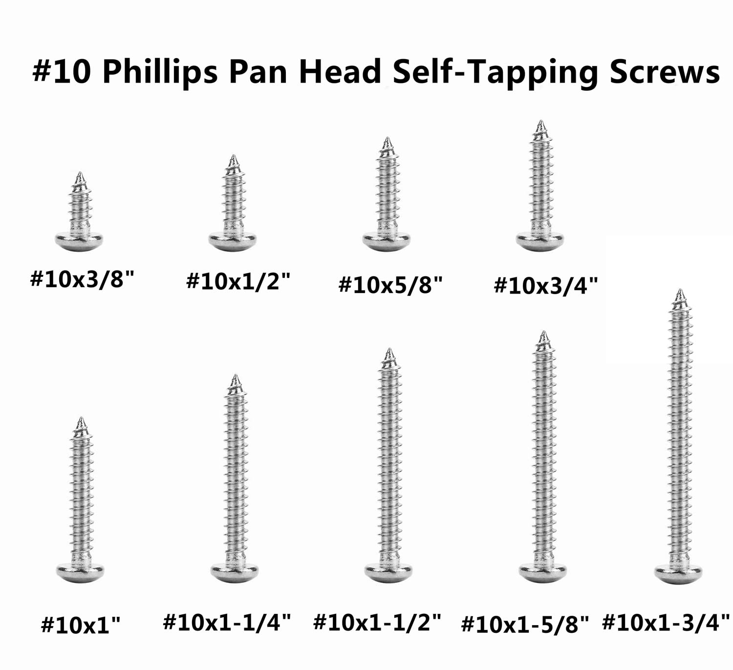 Guard4U 140Pcs #10 x 3/8", 1/2", 5/8", 3/4", 1", 1-1/4", 1-1/2", 1-5/8", 1-3/4" 304-Stainless Steel Phillips Round Pan Head Self-Tapping Drilling Screws, M4.8 Wood Screws Assortment Kit