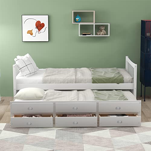 Twin Daybed with Trundle and Storage Drawers Wood Twin Size Bed Frame with 3 Drawers Wooden Platform Beds for Kids Boys Girls Teens, White