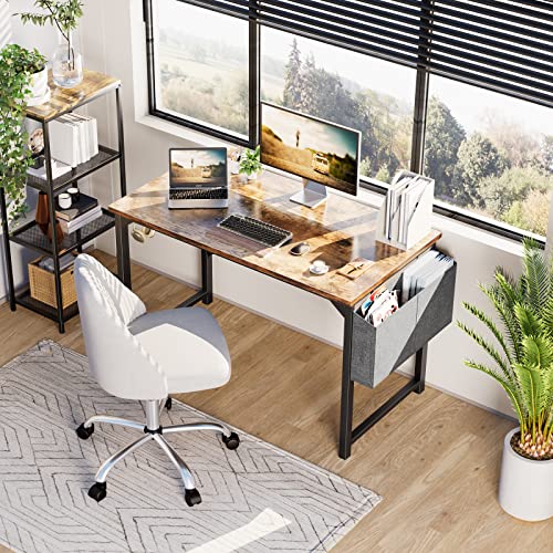OLIXIS Computer Desk Writing Work Modern PC Table with Storage and Hooks for Bedroom, Home Office, 2 Person Use, 47 Inches, Rustic Brown
