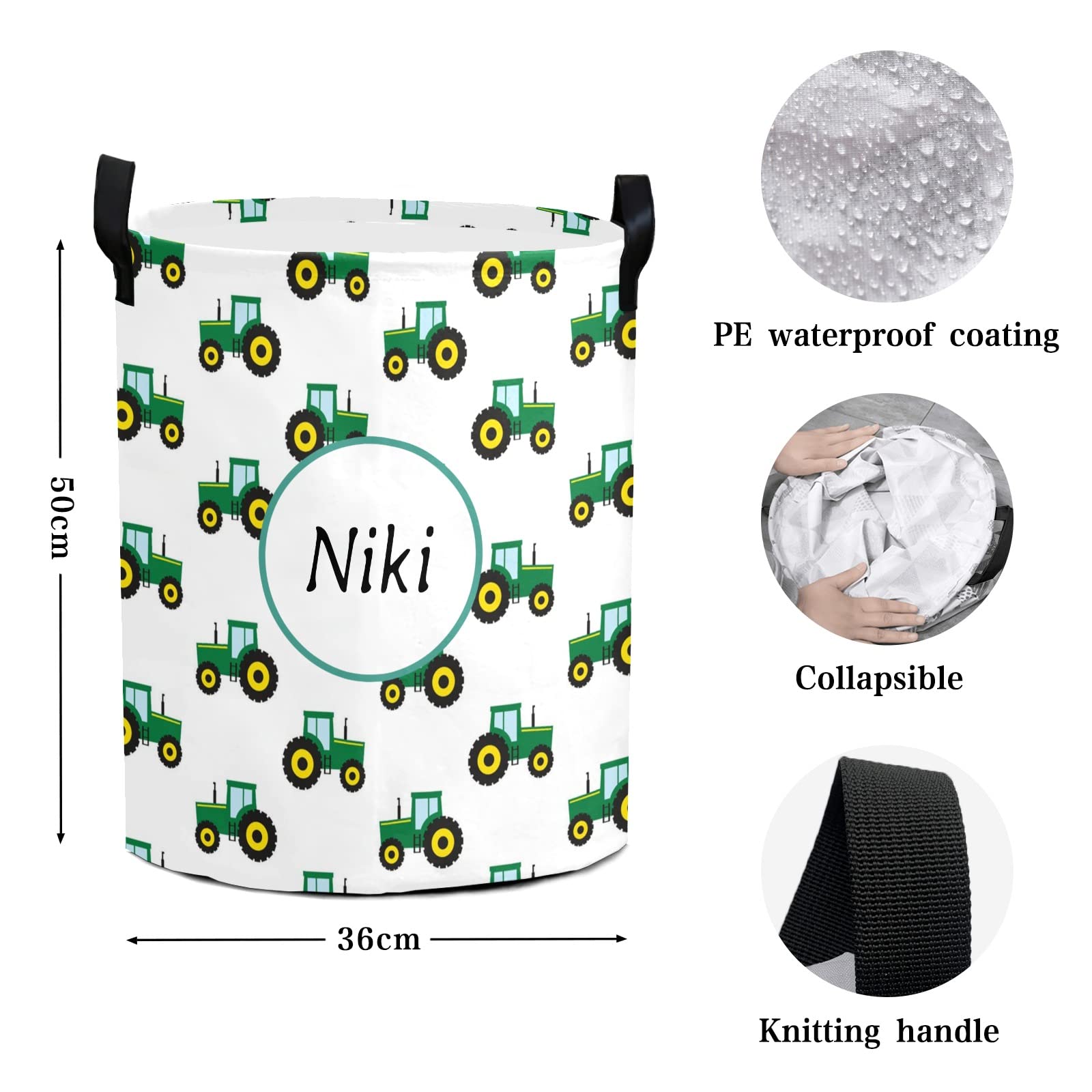 Farm Tractor Round Storage Basket Personalized Name Laundry Basket Waterproof Nursery Hamper with Handle for Living Room Bedroom and Clothes