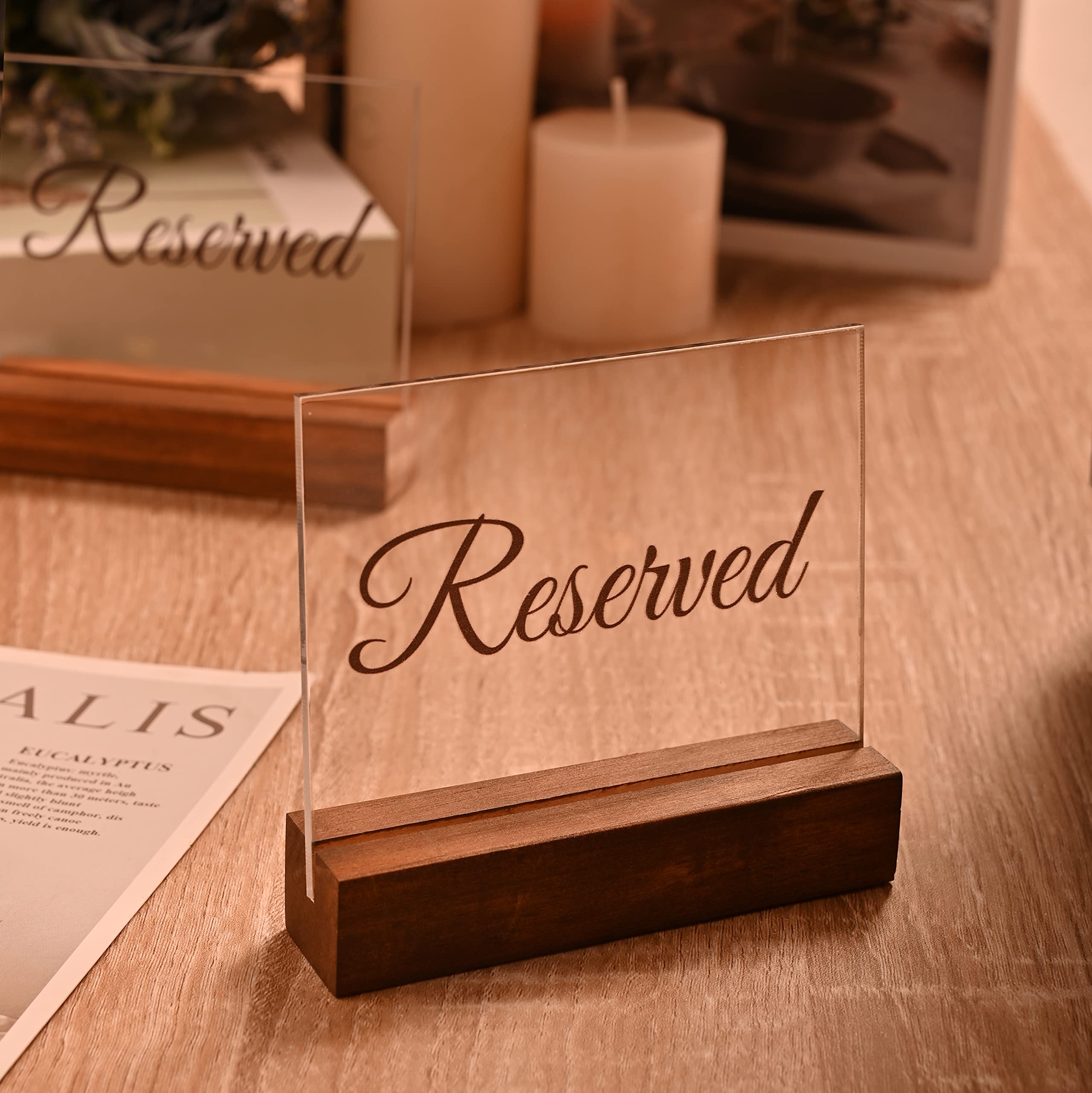 Sparkle Race Reserved Table Signs, 6-Pack Acrylic Reserved Signs for Tables, Reserved Signs for Weddings with Wood Holders, Place Card Holder for Dinner Party Events Seating
