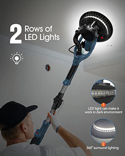 Handife Drywall Sander 800W 7A with Vacuum Auto Dust Collection, Variable Speed 800-1800RPM Power Double-Deck LED Lights, Extendable Handle, Carrying Bag Blue