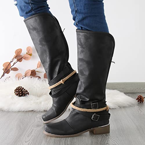 FASDNENDYS Socks Womens Mid Calf Womens Shoes Square Toe Belt Buckle Back Zipper Chunky Heel Wide Calf Womens Boots Black
