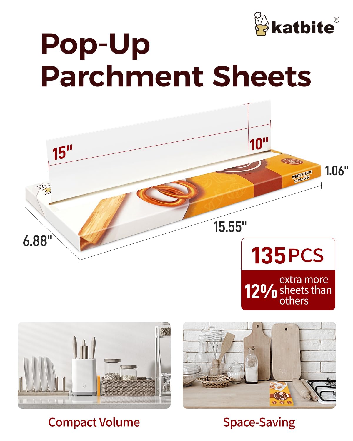 Katbite 135 Pcs 10x15 Inch Pop-Up Parchment Paper Sheets, Pre-cut Compact Volume Pop-Up Parchment Paper for Baking Heavy Duty & Non-stick, Pop-Up Paper Dispenser Box for Kitchen Cooking Space-saving