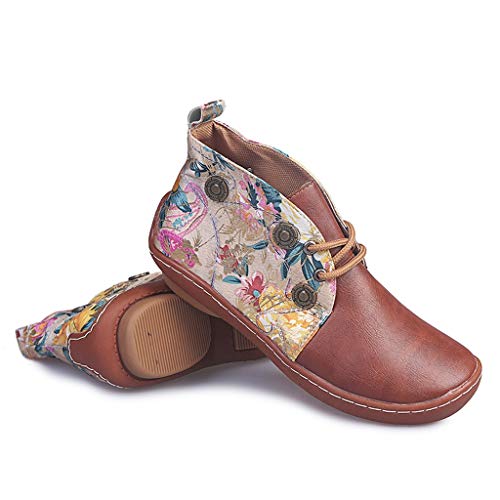 FASDNENDYS Retro Women Leather Flat Lace-Up Flower Print Short Booties Round Toe Shoes Womens Platform Boots Brown