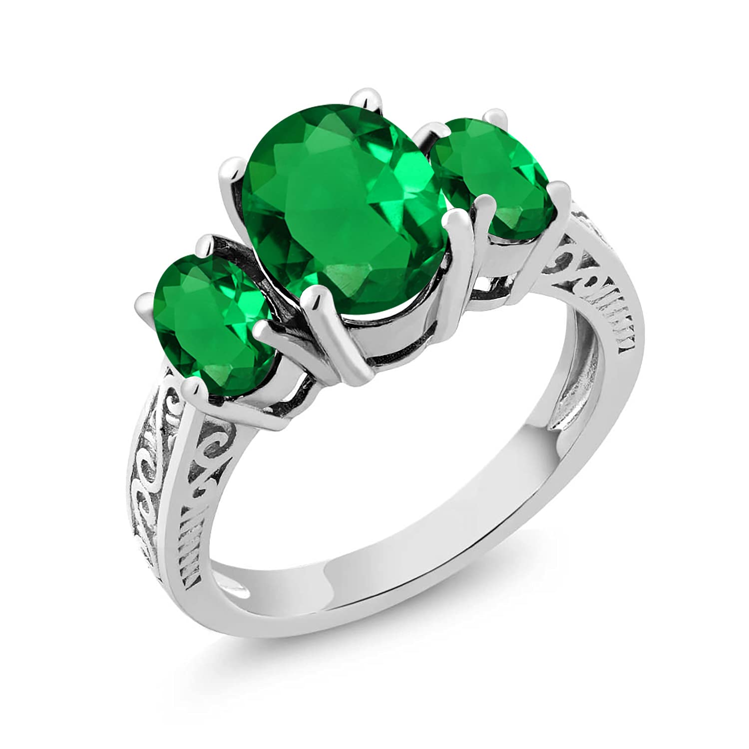 Gem Stone King 925 Sterling Silver Green Nano Emerald 3-Stone Ring For Women (3.10 Cttw, Available in size 5, 6, 7, 8, 9)