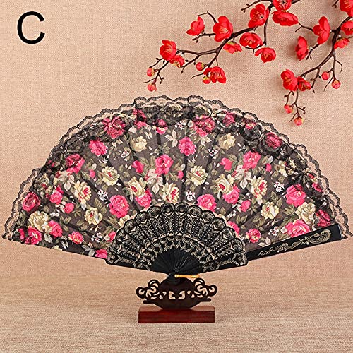 Folding Fan Vintage Style Janpanese Flower Fabric Plastic Folding Dance Hand Fan New Summer Classic Folding Hand Held Fan (C) (C)