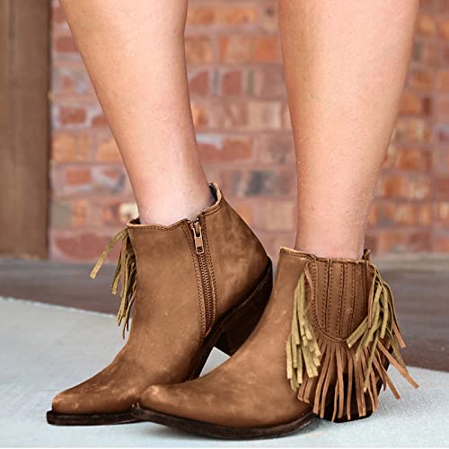 FASDNENDYS Toe Fringed Boots Thick Winter Side Zipper Women's Style Autumn Heel Boots Shoes for Girls Boots Brown