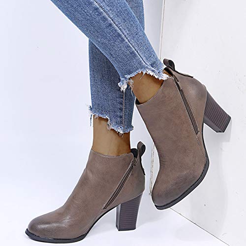 FASDNENDYS Retro Solid Leather Zipper Women Color Toe Round Booties Shoes Heel Short Women's Women Snow Boats