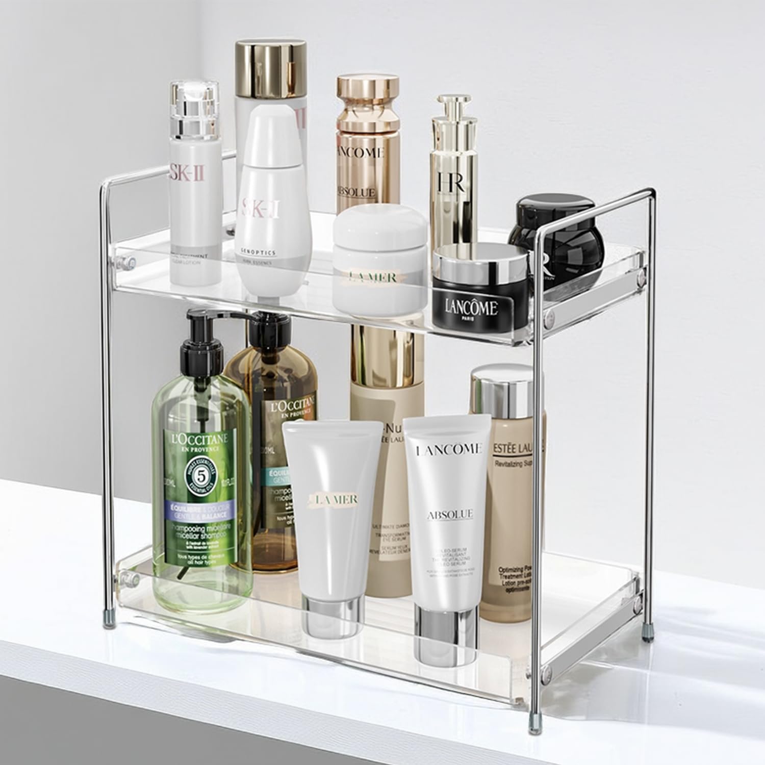 KINGBERWI 2 Tier Bathroom Counter Organizer, Acrylic Makeup Skincare Organizers for Vanity Perfume Tray, Clear Bathroom Sink Countertop Storage Shelf