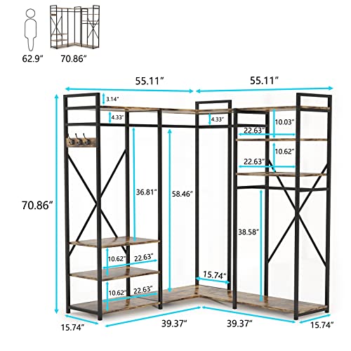 PAKASEPT L Shaped Garment Rack, L Shaped Closet Organizer, Freestanding Corner Clothes Garment Rack with 4 Hanging Rods and Open Shelves Heavy Duty Metal Clothing Rack for Bedroom