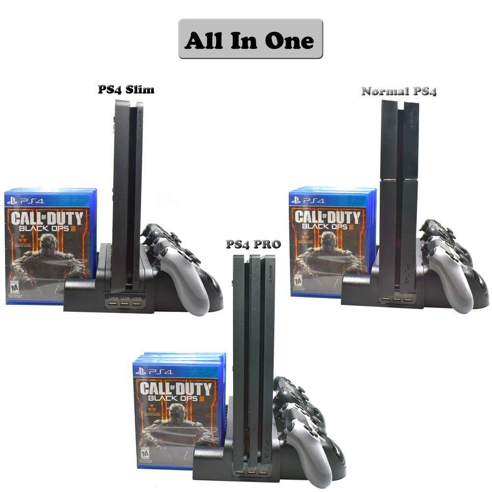 VSEER PS4 Stand Cooling Fan Station for PS4/PS4 Slim/PS4 Pro,PS4 Vertical Charging Station with Dual Controller,PS4 Accessories with Game Storage for PS Consoles