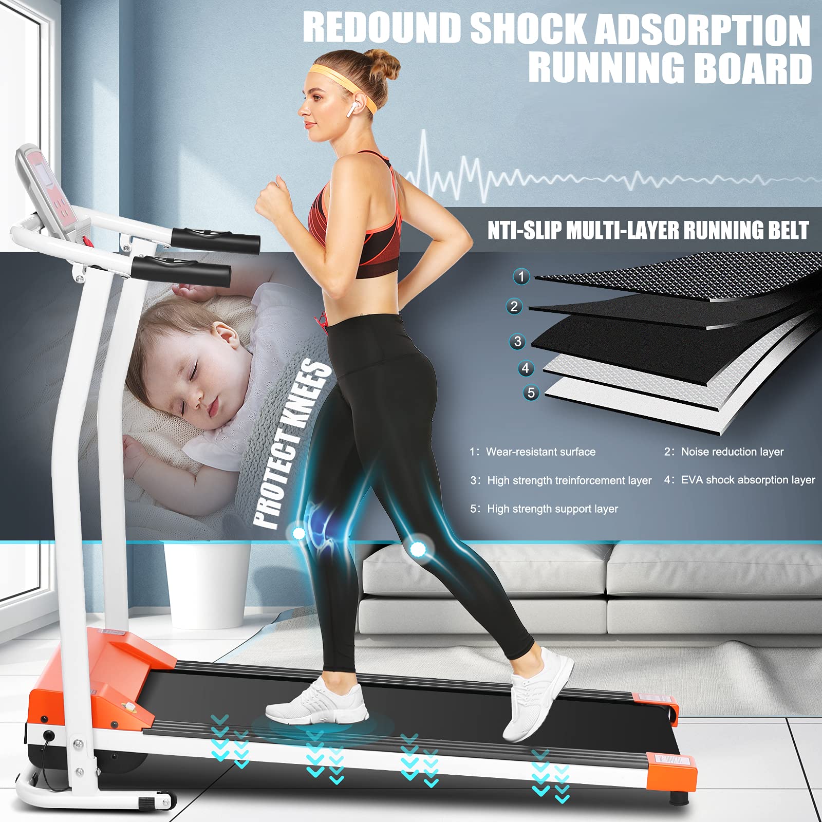 Folding Treadmill Treadmill for Home with LCD Monitor Motorized, Electric Treadmill Workout Running Machine with Auto Stop Safety Function (Light Orange)