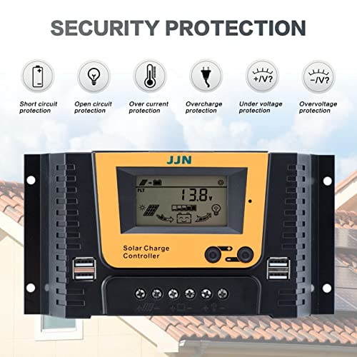 JJN 30A Solar Charge Controller 12V/24V/36V/48V Solar Panel Regulator with Adjustable LCD Display Dual USB Port Timer Setting PWM Auto Parameter