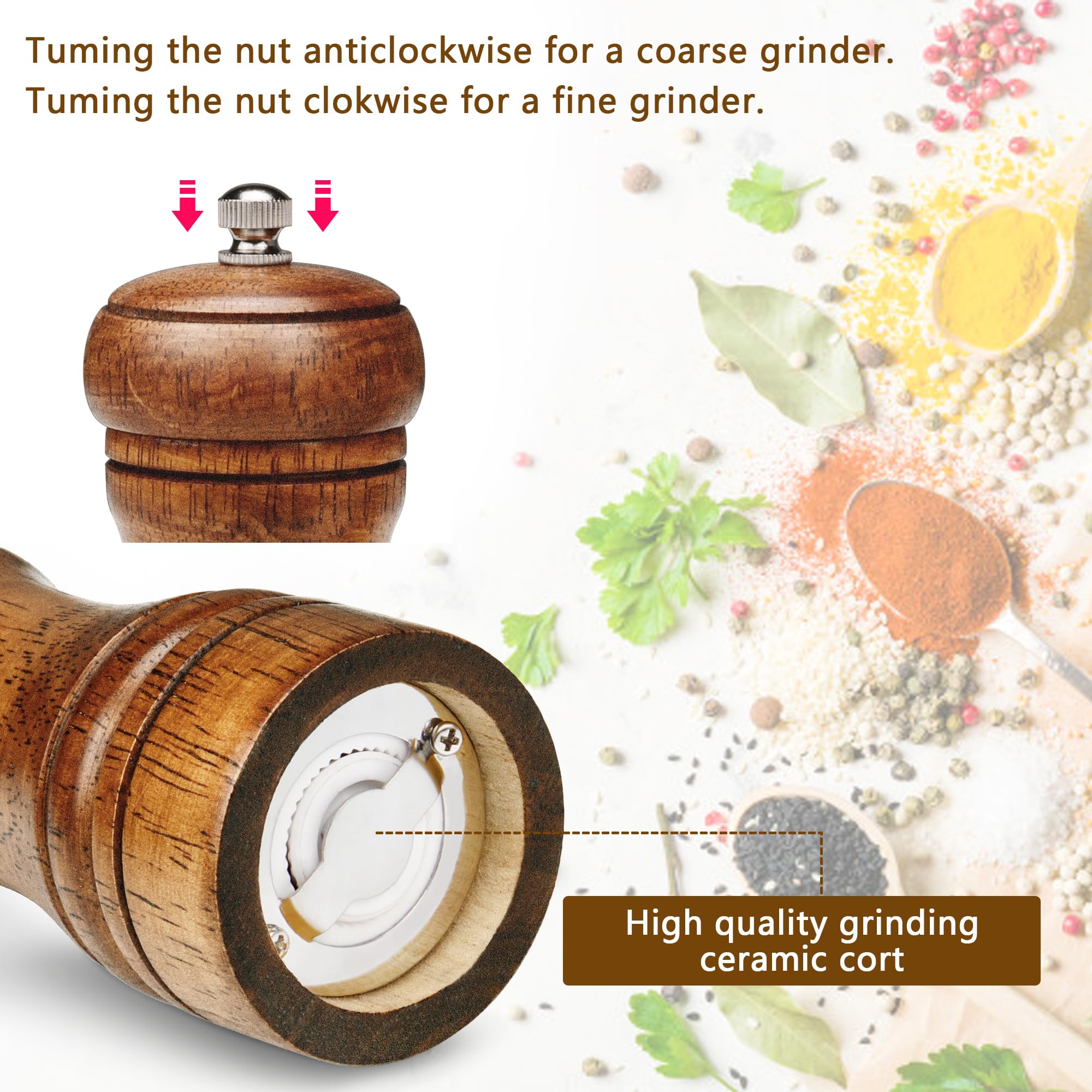 Gulex® Wood Pepper Grinder Pepper Mill, Adjustable Coarseness 5.5 Inches Retro Style Wooden Peppermill, Ceramic Grinding Mechanism Salt Mill Refillable