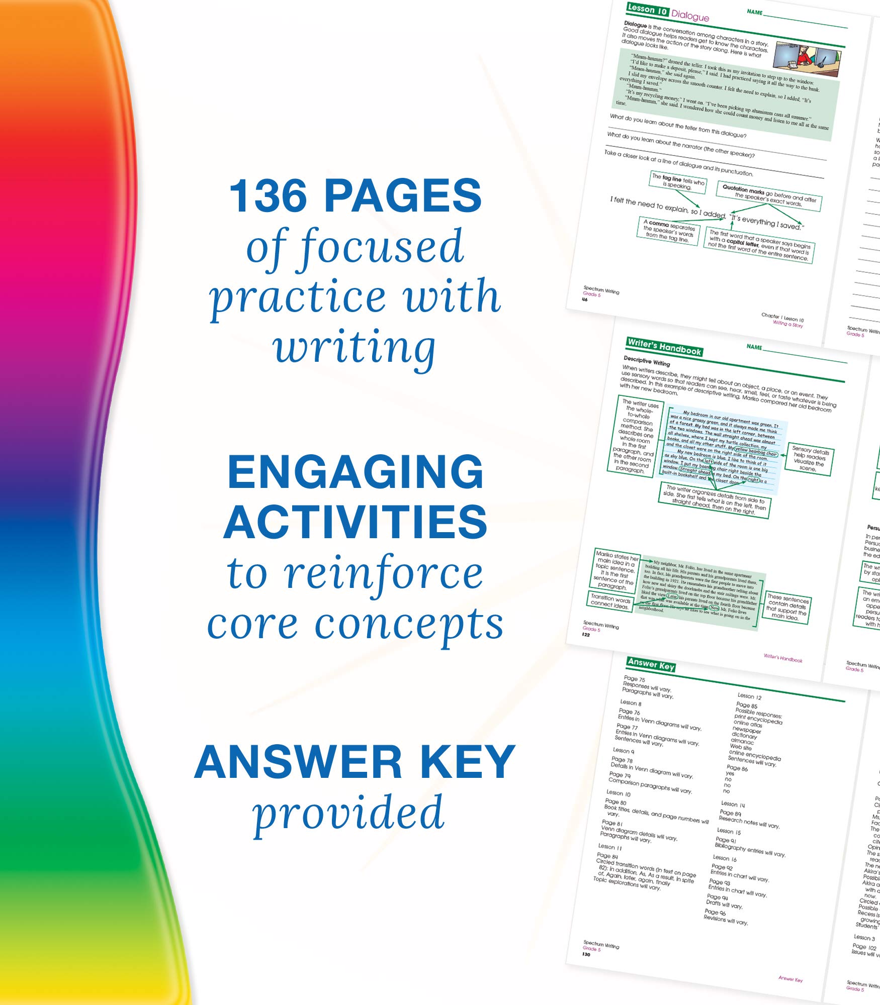Spectrum 5th Grade Writing Workbooks, Ages 10 to 11, Grade 5 Writing, Informative, Persuasive, News Report, Article, and Story Writing Prompts, Writing Practice for Kids - 136 Pages