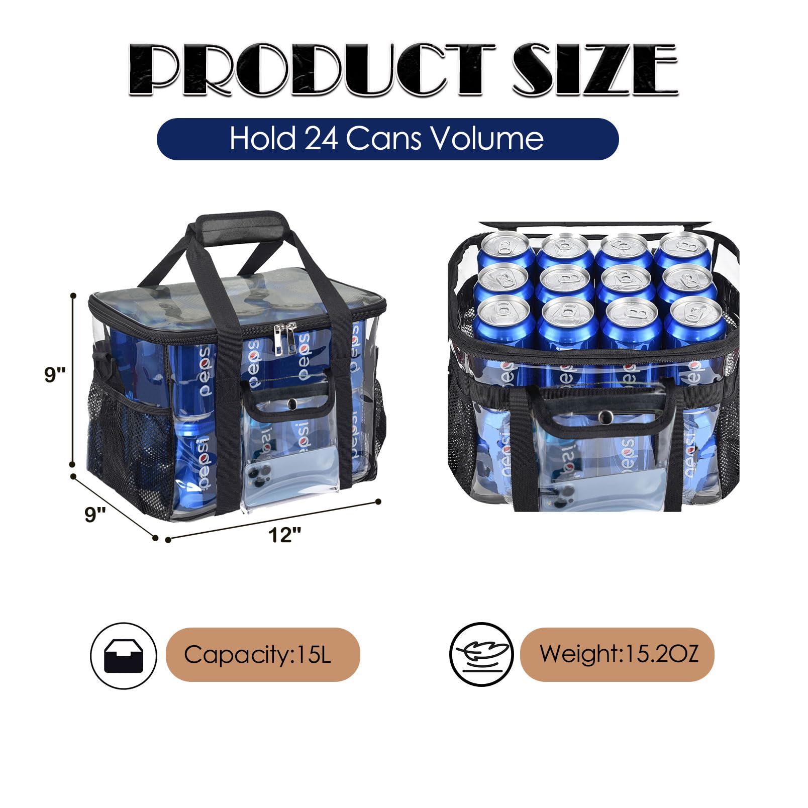 DST Gainbow Clear Lunch Bags For Work, 24-Can Large Transparent Lunch Bag Stadium Approved, Clear Tote Bag with Adjustable Strap and Front Pocket for Men Women(12"x 9" x 9" Black)