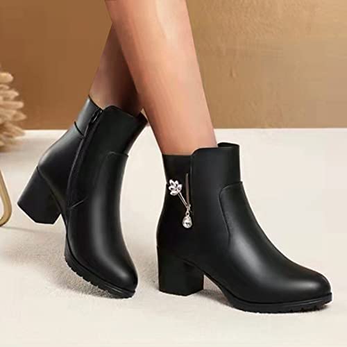 FASDNENDYS Zipper Women's High Short Boots Chunky Retro Breathable Fashion Heels Thermal Shoes Women's Boots Boot Tall Black