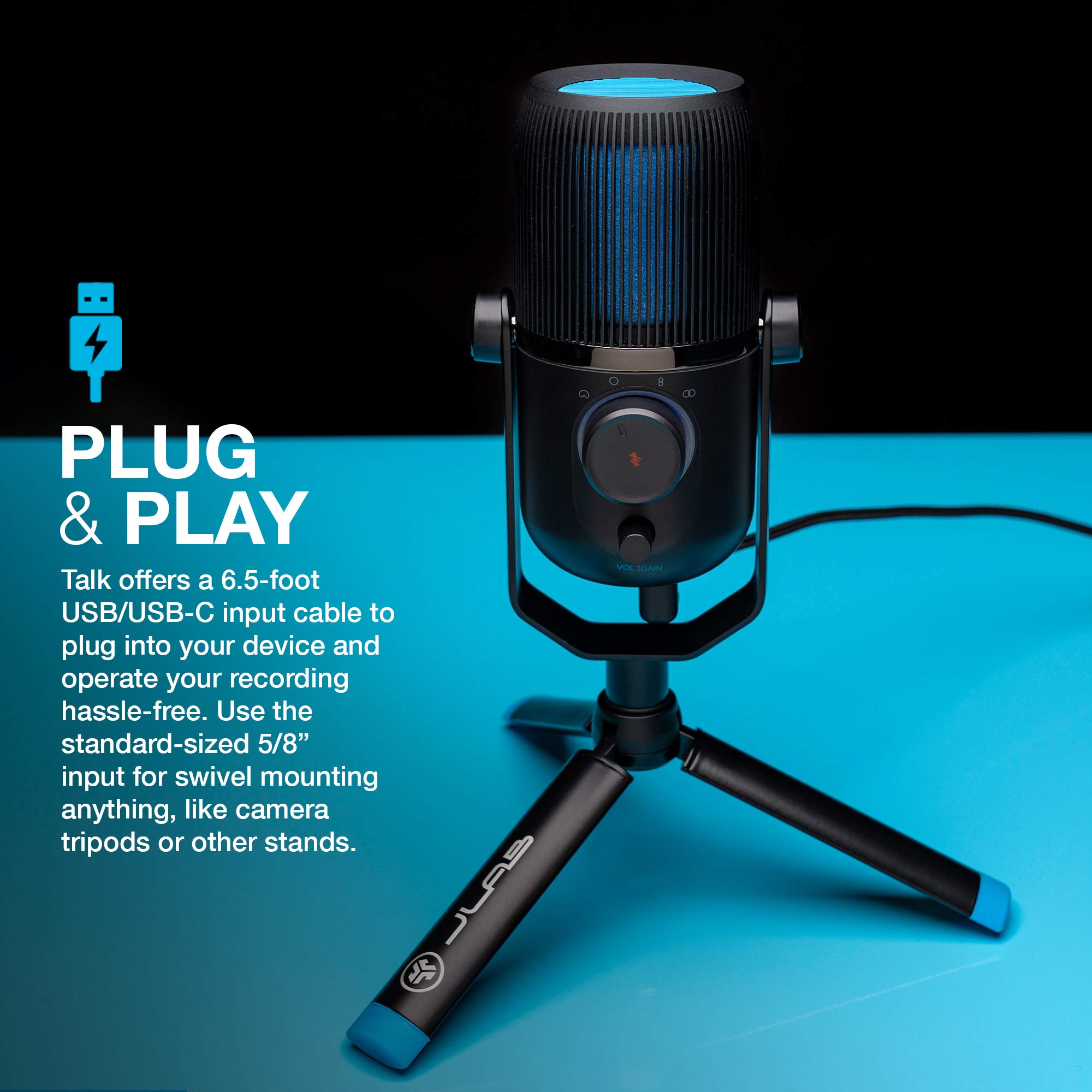JLab Talk USB Microphone | USB-C Output | Cardioid, Omnidirectional, Stereo or Bidirectional | 96k Sample Rate | 20Hz - 20kHz Frequency Response | Volume, Gain Control, Quick Mute | Plug & Play