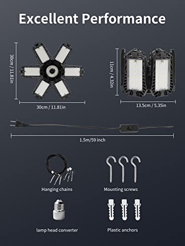 LED Garage Light, 185W 18500LM Plug in LED Shop Light, Linkable Garage Light with Plug Deformable 6 Panels, 6500K LED Garage Ceiling Lights for Garage, Warehouse, Barn, Basement Built-in ON/Off