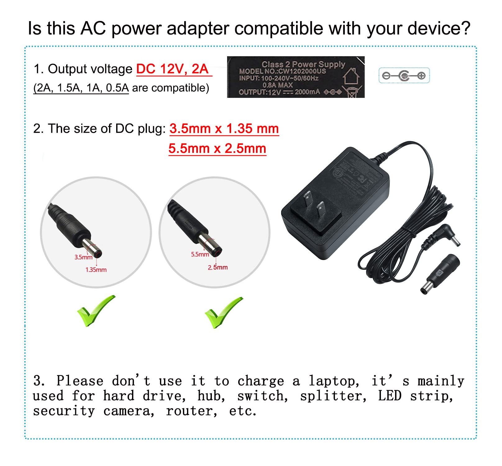 DTECH 12V 2A Power Adapter Supply AC to DC 3.5mm x 1.35mm Plug Wall Charger 4 Feet Extra Long Cord (Input 100V - 240V, Output 12 Volt 2 Amp)