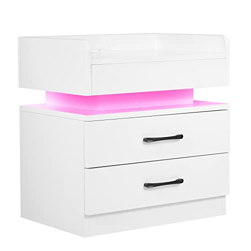 LED Nightstand with Charging Station, White Night Stands with USB Charging Ports and LED Lights, Modern Wooden Bedside Table with 2 Drawers, Small End Side Table with Drawers for Bedroom, Living Room