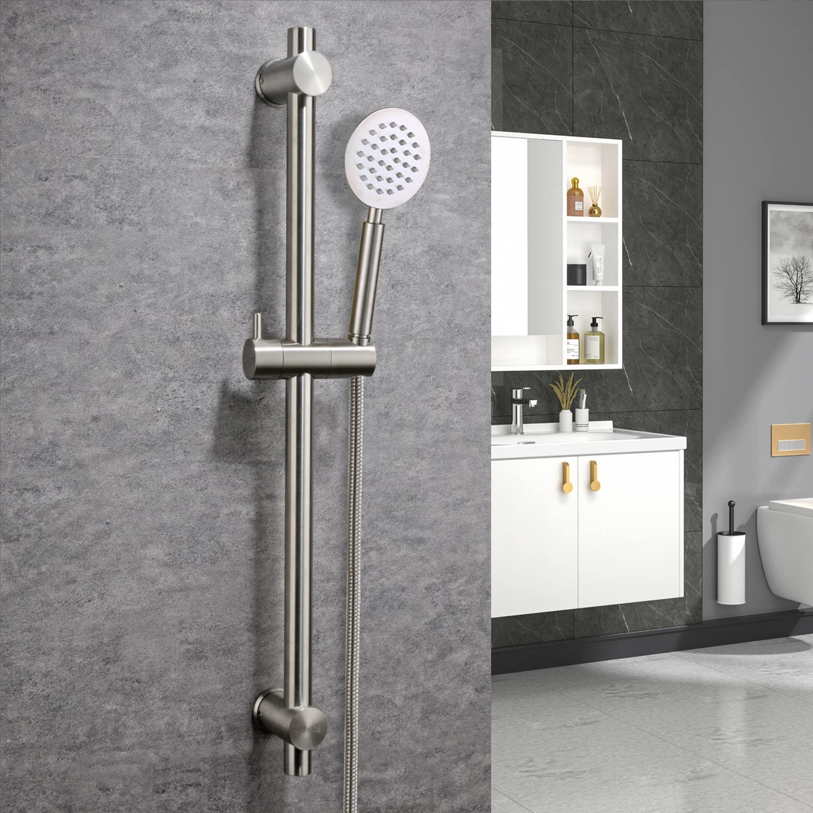 HAMOLER 24 Inch Shower Slide Bar with Adjustable Shower Holder Stainless Steel Wall Mount Sliding Bar, Brushed Nickel