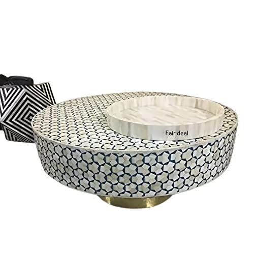 Handmade White Bone Inlay Round Tray | Decorative Serving Tray | Ideal Ottoman Tray | Christmas Gifts | Liquor Serving Tray for Home Décor Purpose - Fairdeal Handicrafts