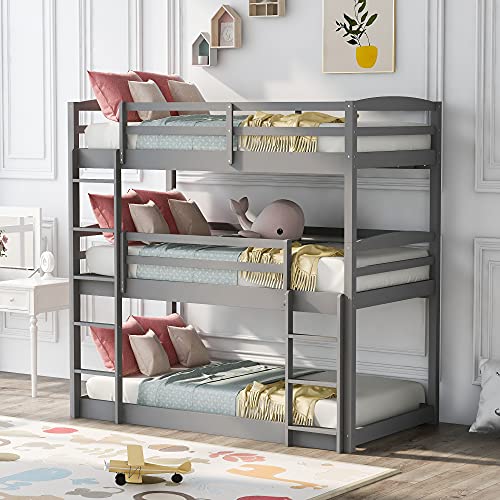 PPHome Twin Over Twin Over Twin Triple Bunk Bed, Bed Frame with Full-Length Guardrail, Space-Saving Design, Built-in Ladder & Solid Slat Support for Kids Teens Bedroom, No Box Spring Needed, Grey