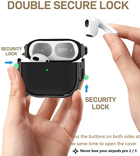 OTOPO Compatible with AirPods Pro 2/Pro Case Men Lock, Double Secure Lock Clip Shockproof Hard Shell Protective iPods Pro 2 Case Cover with Keychain for Apple AirPod Pro 2nd Generation Black