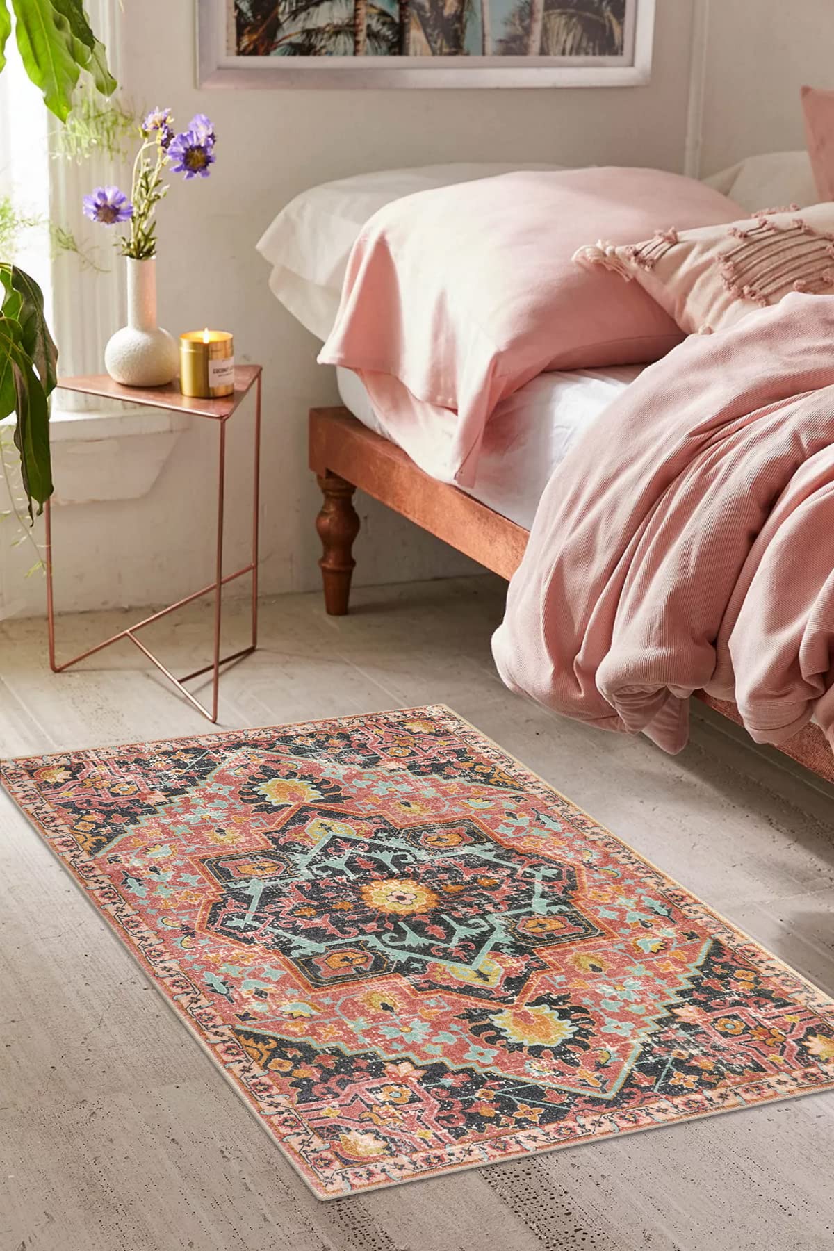 Lahome Washable Hot Pink Kitchen Rugs 2x3 Small Entryway Rug, Bathroom Rugs Non Slip, Bohemian Floral Soft Rubber Backing Low-Pile Indoor Printed Throw Floor Carpet for Bedside Laundry Door