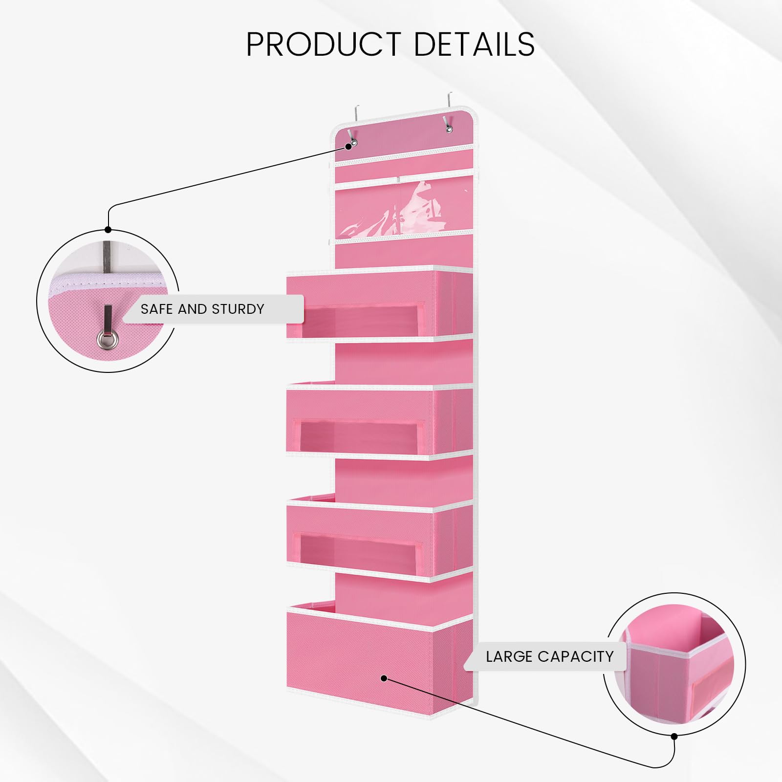 HAKACC Door Hanging Organizer Nursery Closet Cabinet Baby Storage,Upgrade Hanging Storage with Clear Window with 4 Large Pockets and 2 Small PVC Pockets for Cosmetics,Toys and Sundries,Pink