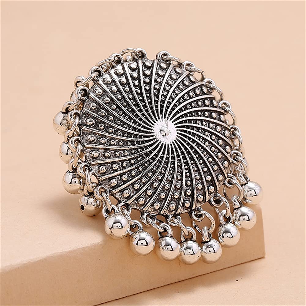 Dtja Boho Big Teardrop Statement Ring for Women Vintage Tassel Ball Bead Adjustable Open Band Cocktail Party Ring Comfort Fit Gypsy Indian Bollywood Peacock Tail Exaggerated Jewelry (Silver)