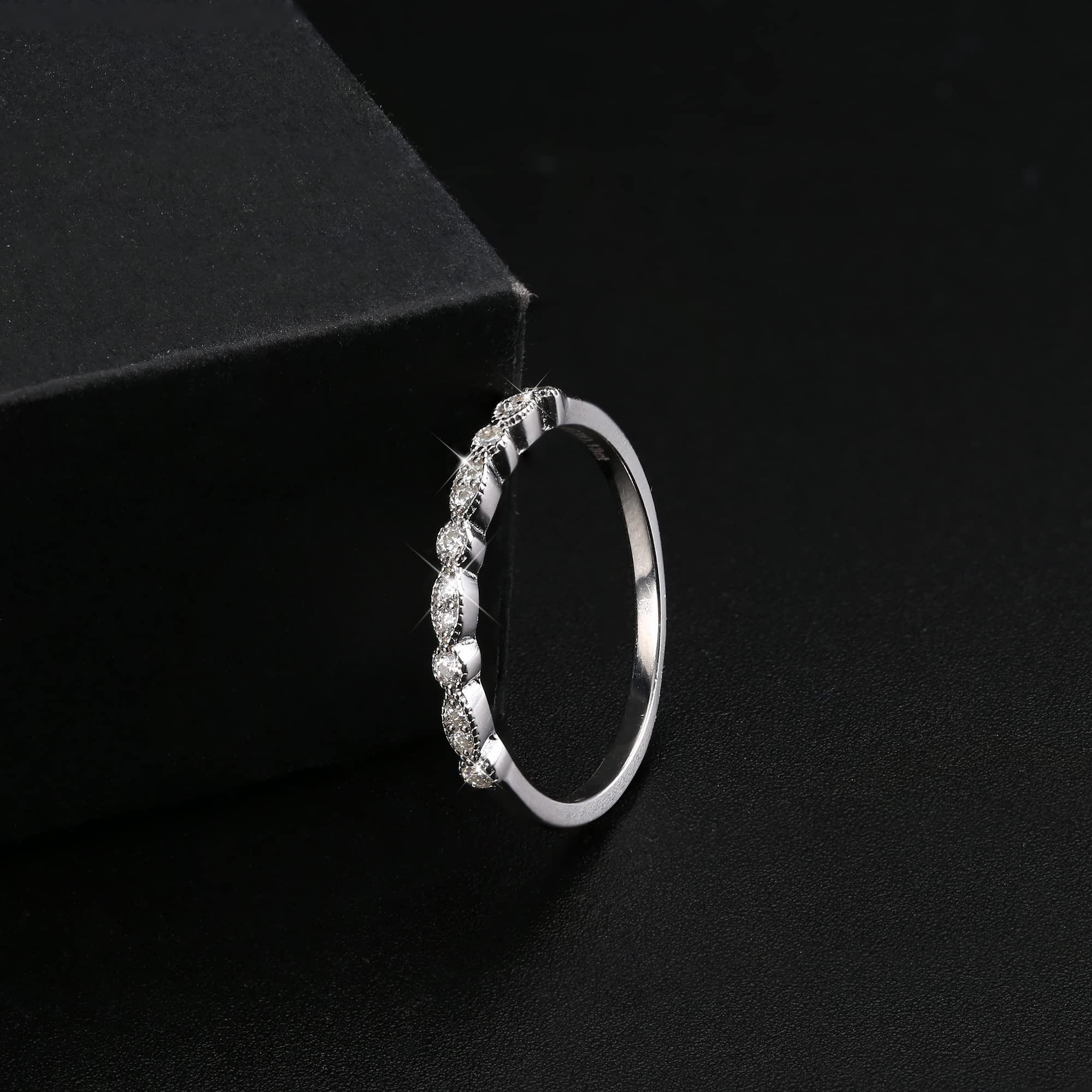 GEMQUEEN Moissanite Wedding Band Ring Milgrain Marquise & Round Moissanite Half Eternity Ring Stacking Infinity Engagement Sterling Silver Matching Ring 0.13ct Brilliant Round Cut D Color VVS1 Clarity Lab Created Diamond Eternity Rings