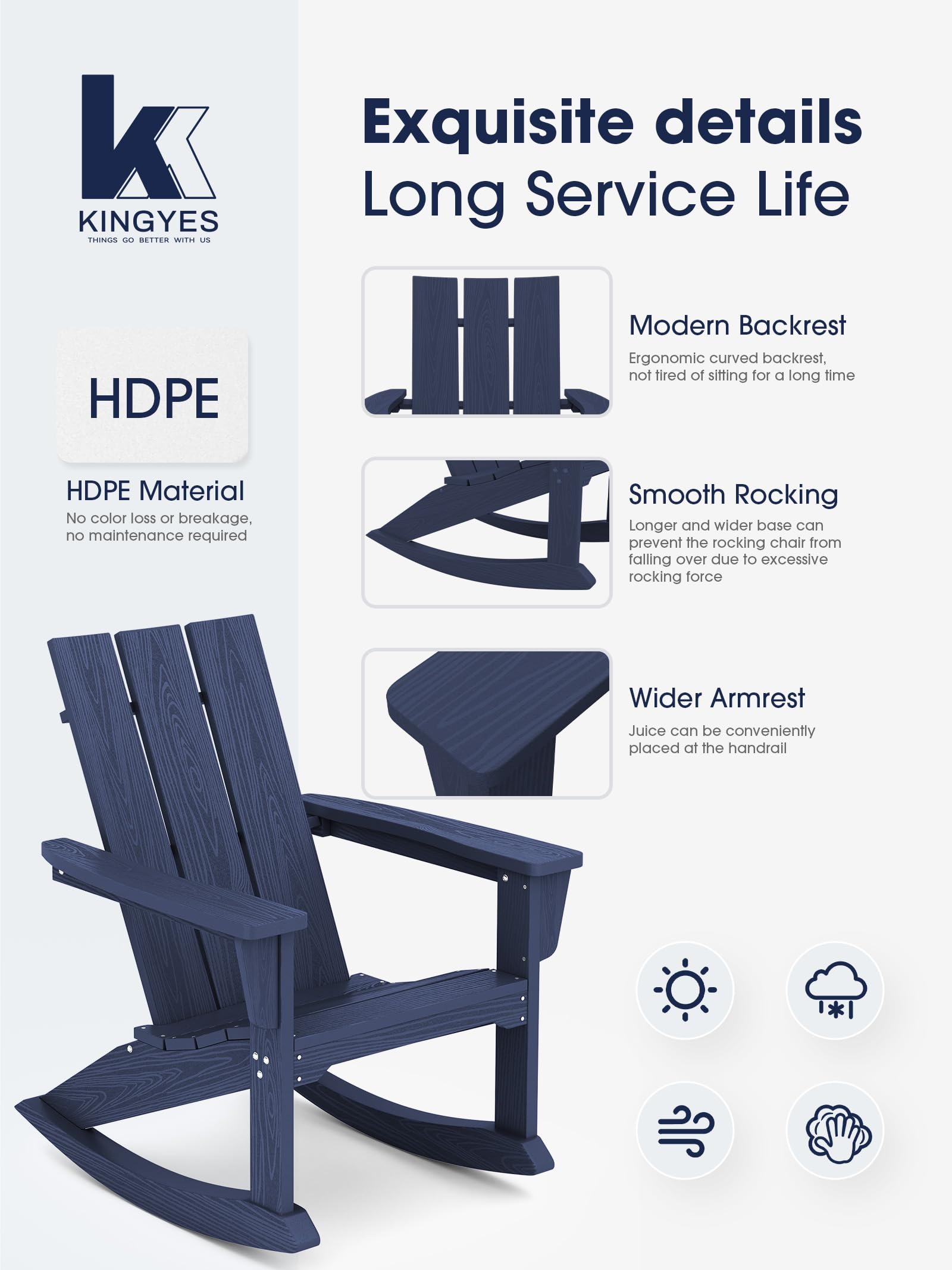 KINGYES Modern Rocking Adirondack Chair, Outdoor Rocking Chair for Patio, Garden, Backyard- Blue