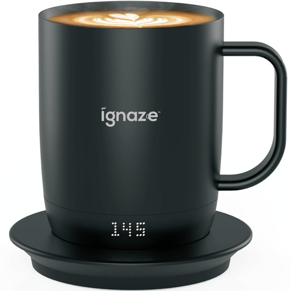 Ignaze - Temperature Controlled Self Heating Smart Mug - ThermoTech Led Status Display with 70 Min Lithium Rechargeable Battery Life, 5 Heated Temp Control Settings, Auto/Off Coffee Cup (Black - 11oz)