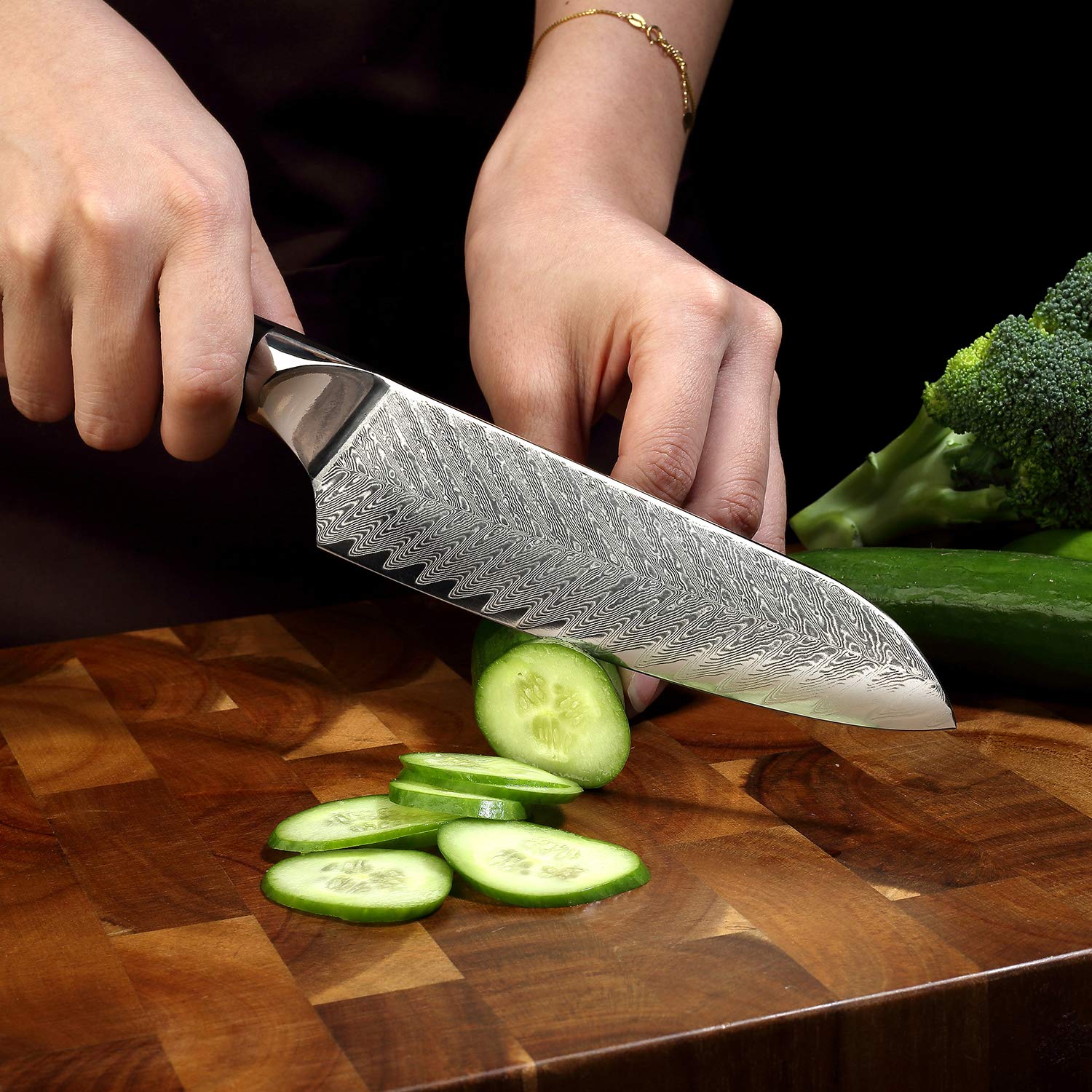 SIXILANG Knife Set, 3 PCS Professional Damascus Chef Knives, 67 Layer Japanese AUS10 Steel Core Forged Kitchen Knives, Well-Balanced Full Tang Handle Triple Rivet Handle - Black Gift Box