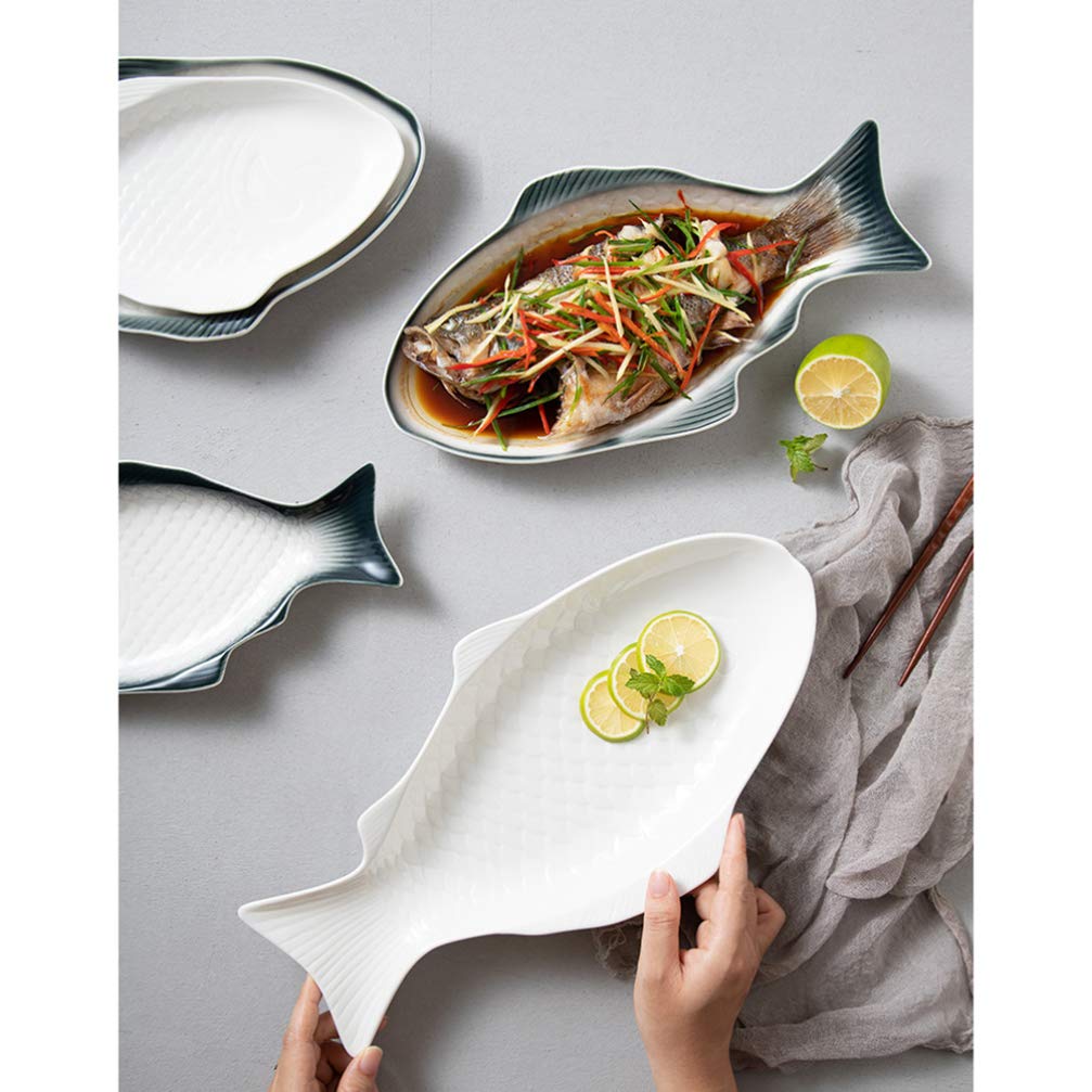 DOITOOL 1Pc Fish Shaped Plate Fish Platter Ceramic Unique Decorative Serving Snack Storage Platter for Party Wedding Restaurants Home (11 Inches, White)
