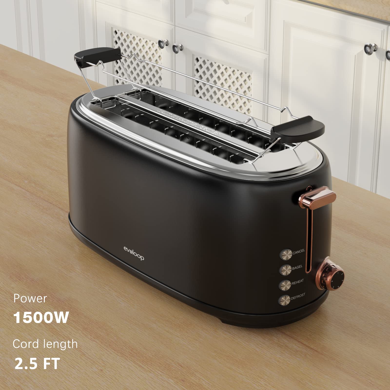 Evoloop Toaster 4 Slice, Stainless Steel Bread Toasters, 6 Bread Shade Settings, Reheat, Bagel, Defrost, Cancel Function, 1.5" Extra Wide Slots,Removable Crumb Tray(Black)