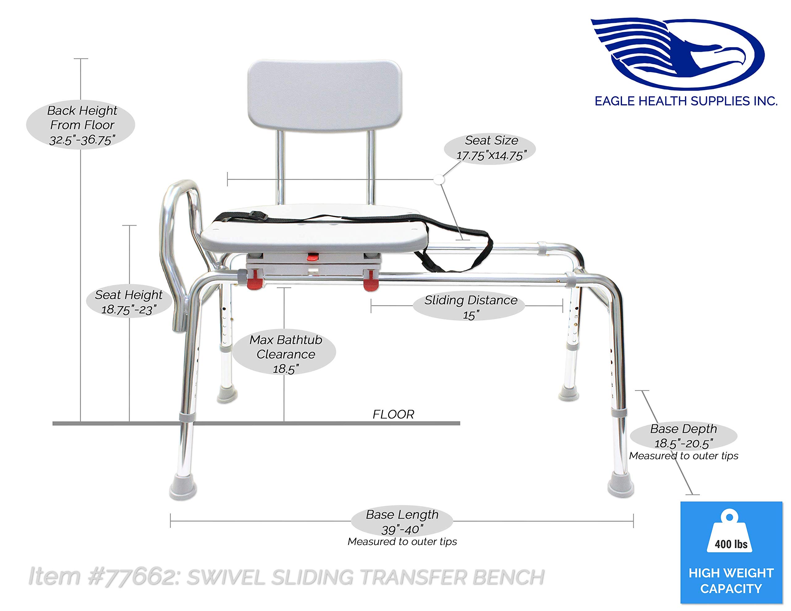 Eagle Health Supplies - Swivel Sliding Bath Transfer Bench (77662) - Regular (Base Length: 39" - 40") - Heavy-Duty Shower Bathtub Chair