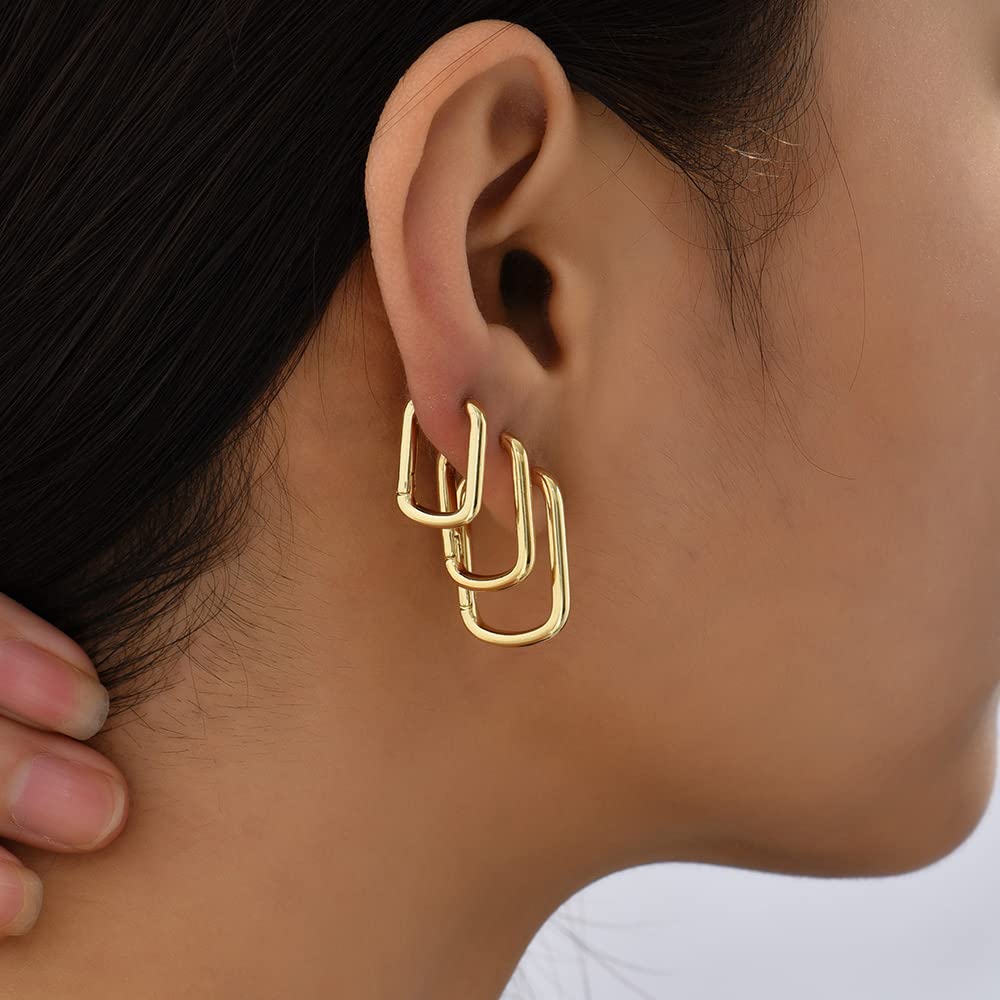 Erpels 3Pairs Square Hoop Earrings Set, 14K Gold Plated Lightweight Chunky Hoop Earrings, Rectangle Earring for Women Gift