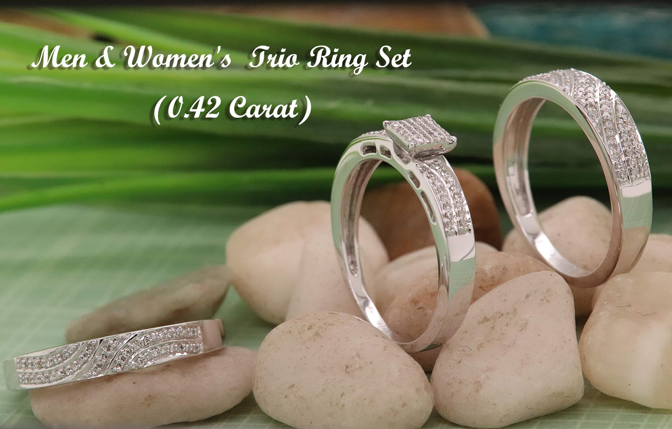 Dazzlingrock Collection 0.42 Carat (ctw) Round White Diamond Men & Women's Engagement Ring Trio Bridal Set, Sterling Silver